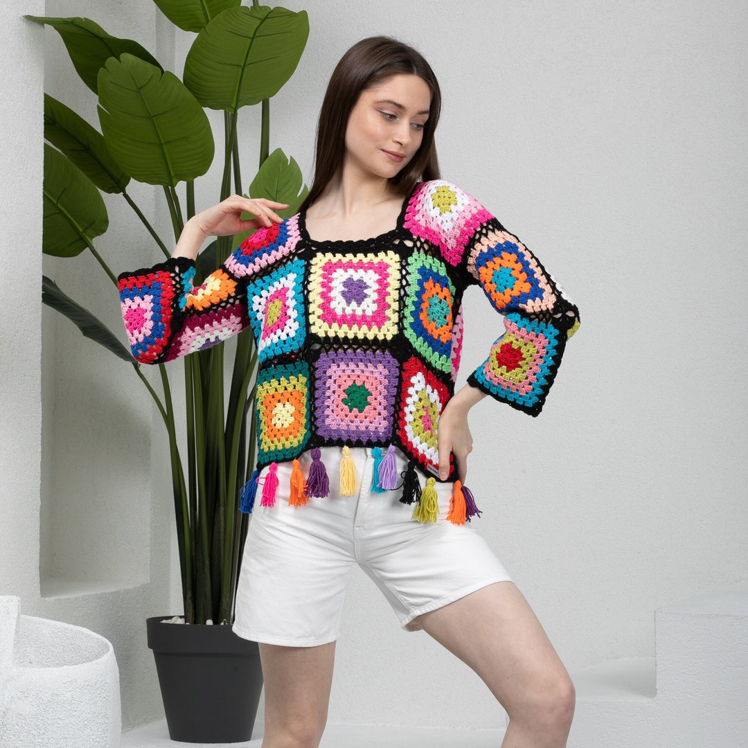 Black Granny Square Cotton Tassel Sweater, Knit Cotton Patchwork ...