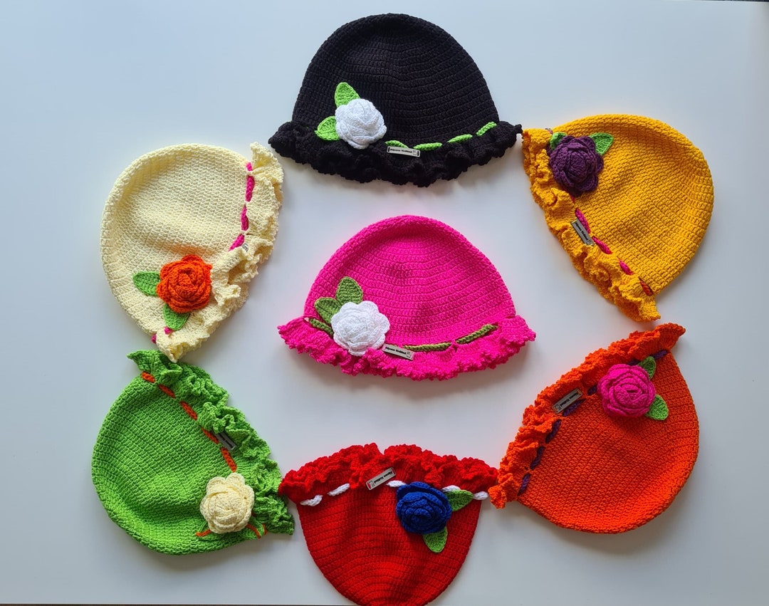 Crochet Bucket Rose Hat, Crochet Floral Rose Hat, Child Crochet Hat ...
