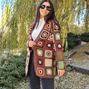 Brown Crochet Cardigan, Patchwork Jacket, Knitted Cardigan Women ...