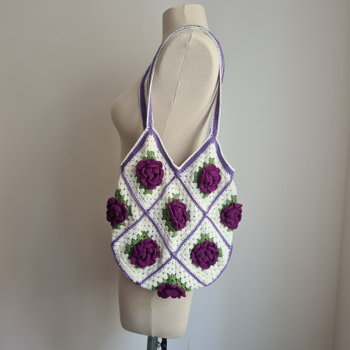White Hand Knit Rose Bag, Crochet Shoulder Rose Bags, Hand Knit Floral ...