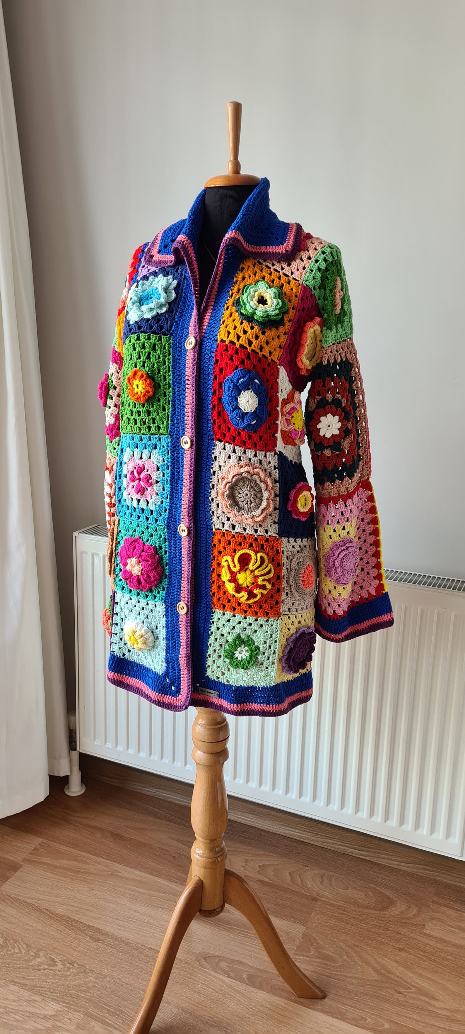Crochet Flowers Patchwork Jacket, Granny Square Afghan Cardigan ...