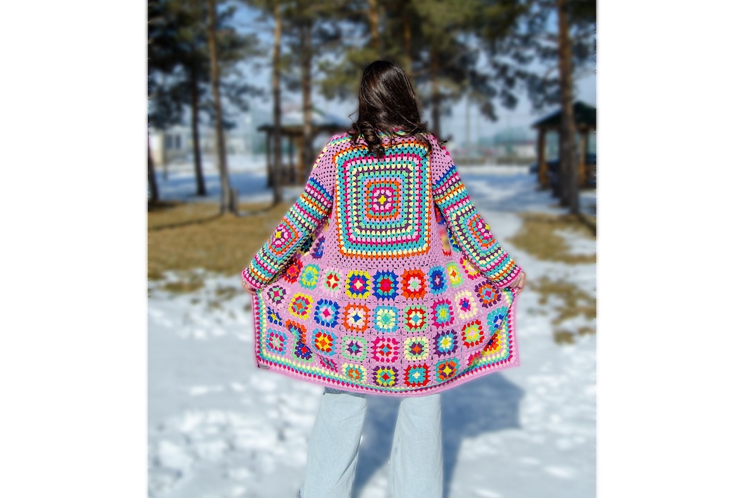 Light Pink Afghan Cardigan, Cotton Patchwork Cardigan, Knitted Crochet ...