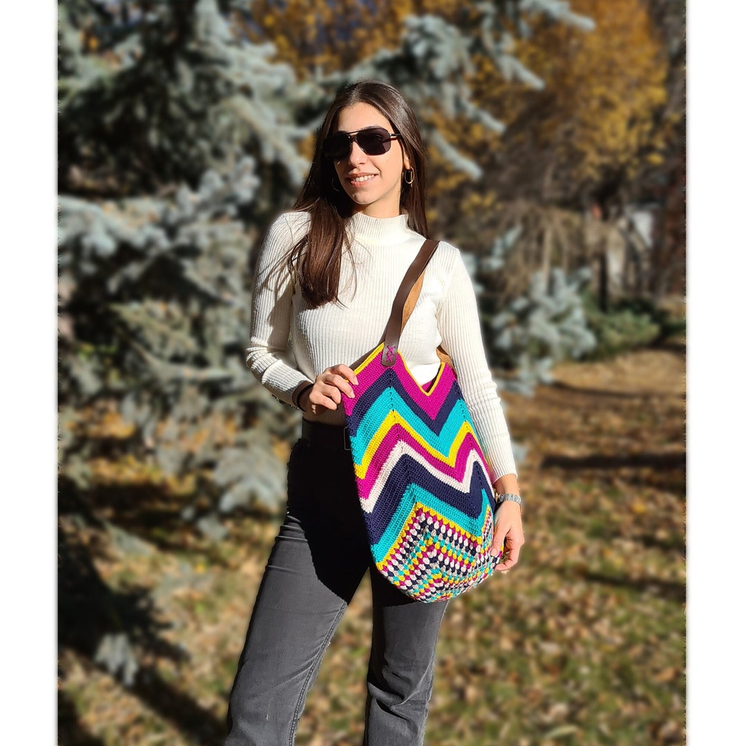 Crochet Chevron Bag, Crochet Purse, Knitted Tote Bag, Granny Square Bag ...