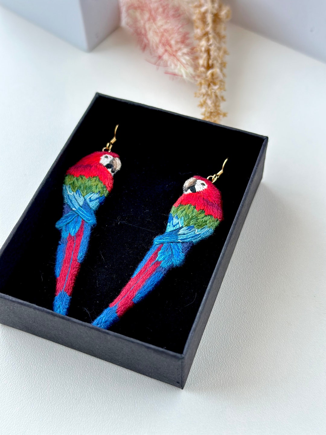 Parakeet Embroidery Earring, Macaw Hand Embroidery, Red Bird ...