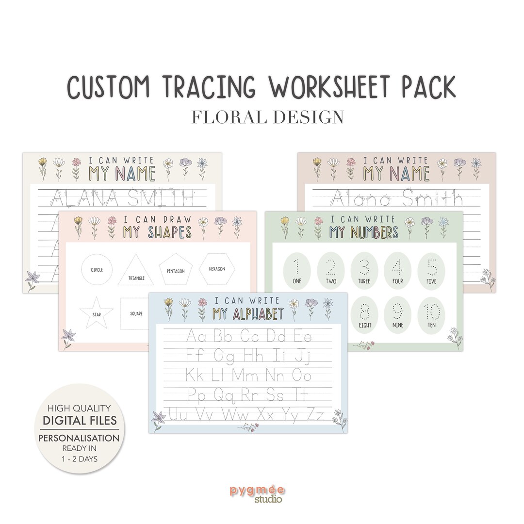 Custom Tracing Worksheet Pack Floral Design Personalised Handwriting ...