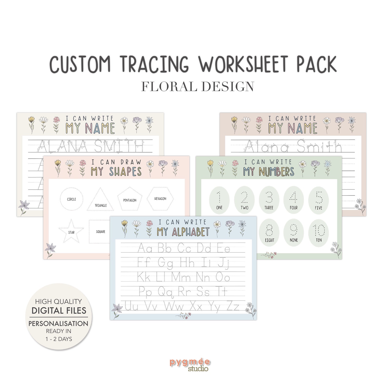 Custom Tracing Worksheet Pack Floral Design Personalised Handwriting ...