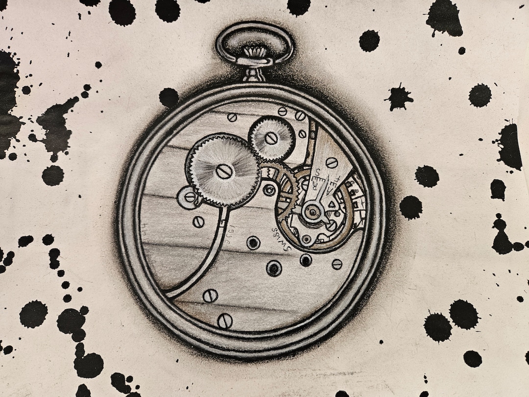 Pocket Watch Inner Workings // 8x10.5 Inch Pastel&ink Drawing // Pocket ...