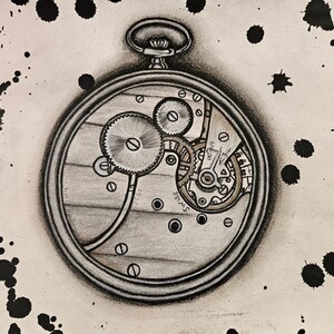 Pocket Watch Inner Workings // 8x10.5 Inch Pastel&ink Drawing // Pocket ...