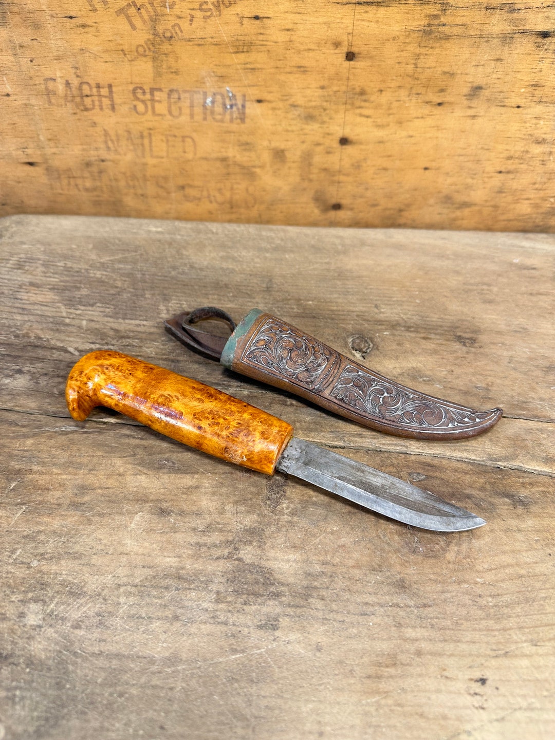 Hand-forged Norwegian Knife With Carved Leather Sheath - Flame Birch ...