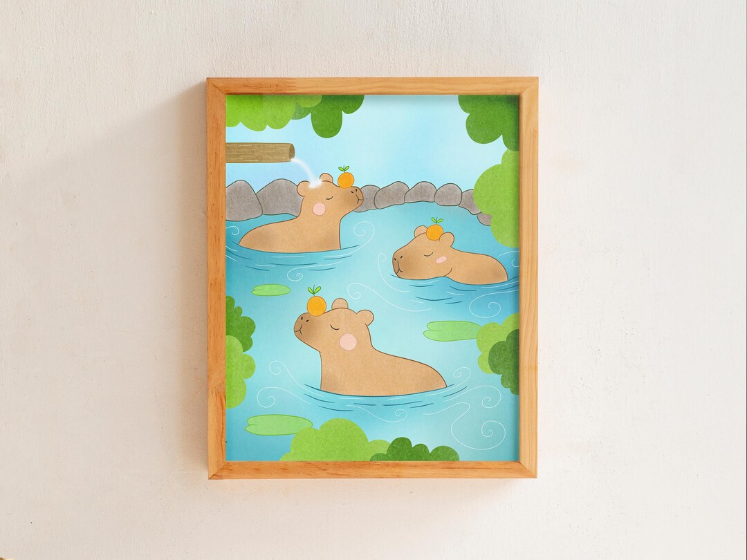 Capybara Pond Art Print: Kawaii Spring Animal Illustration - Etsy