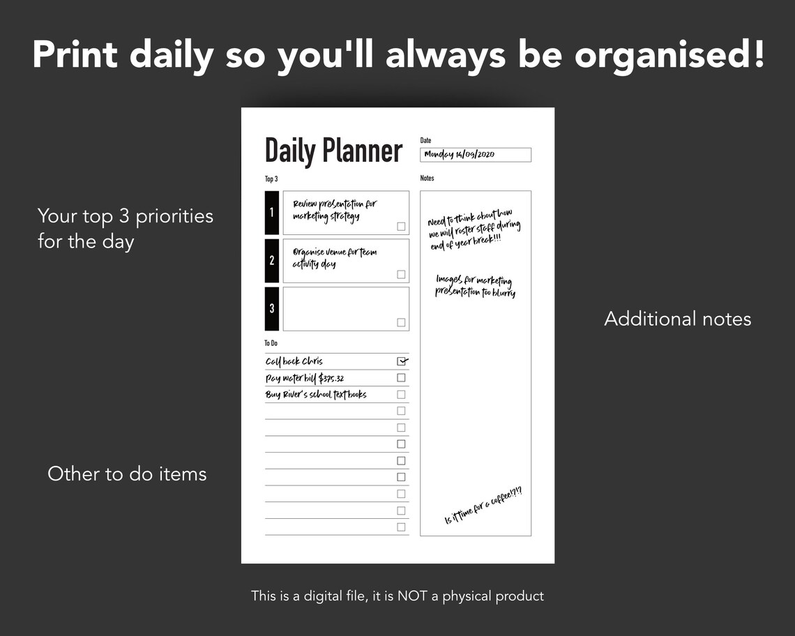 Daily Planner Printable PDF Daily Stand up to Do List - Etsy