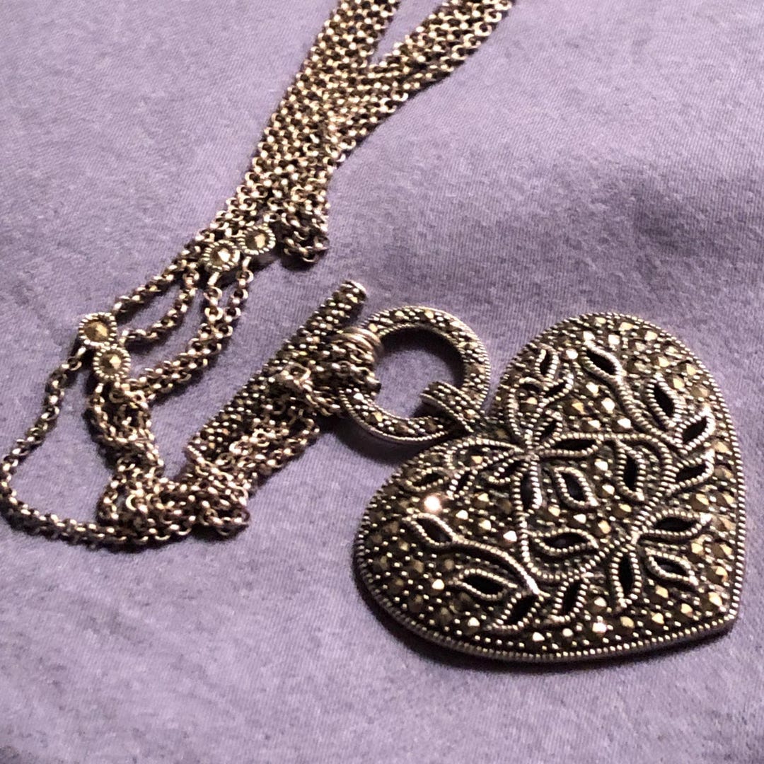 Vintage Judith Jack Marcasite & Sterling Heart Toggle Necklace Double ...