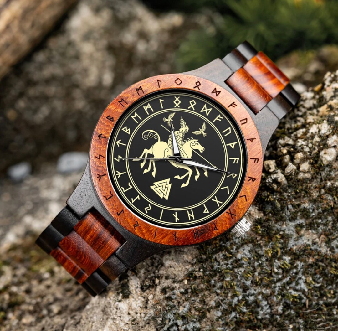 Viking Legend Engraved: Sleipnir Symbol Wooden Watch for Norse ...