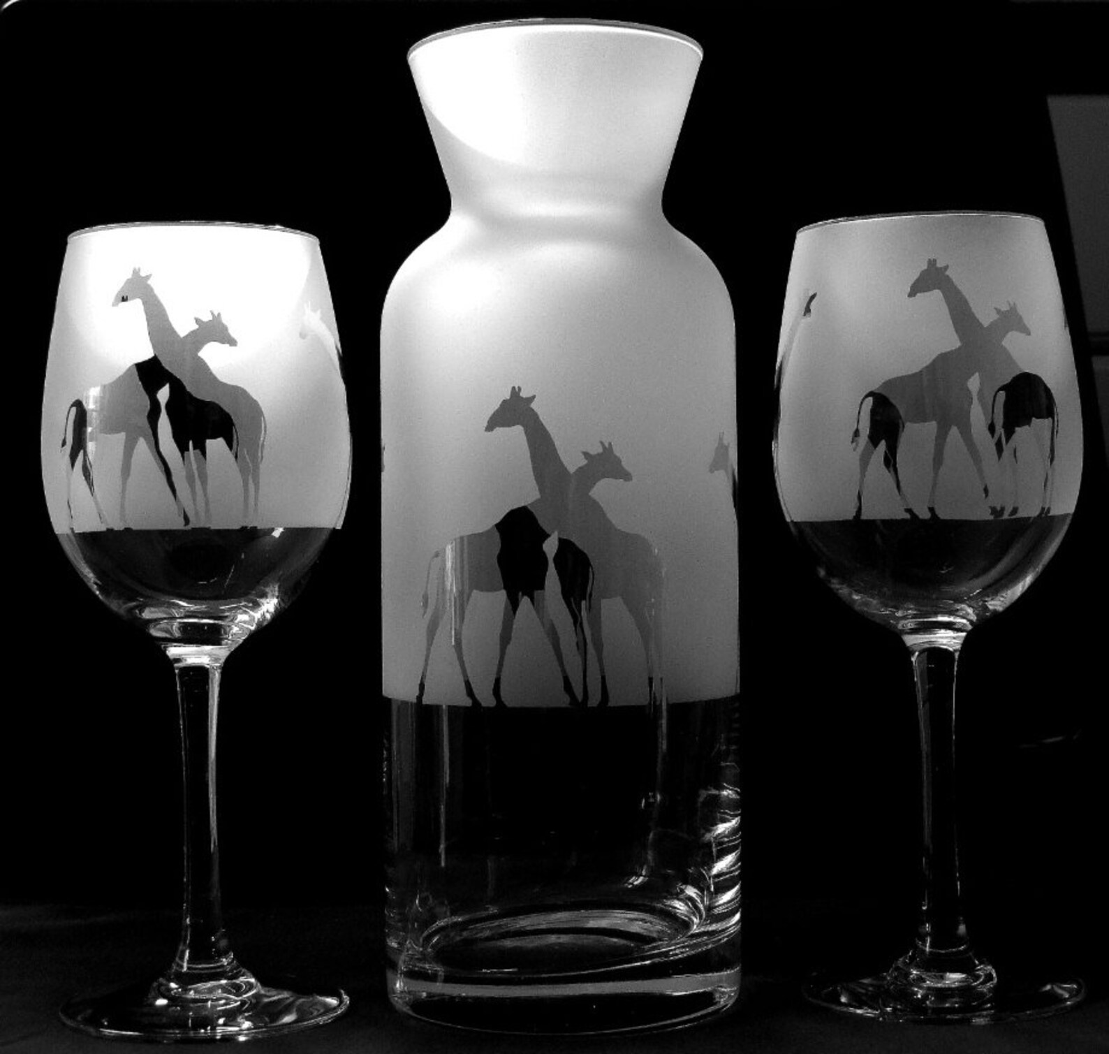 New Etched Giraffes Gift 3 Piece Wine Carafe Set. Boxed - Etsy