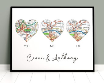 A4 Any Two Locations Metallic Heart Map Print Custom Multi - Etsy UK