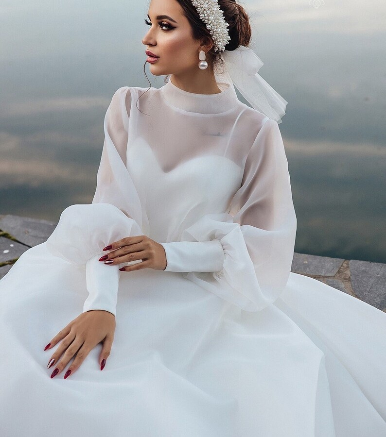 High Neck Organza Wedding Dress Long Sleeves, A Line Classic Minimalist ...