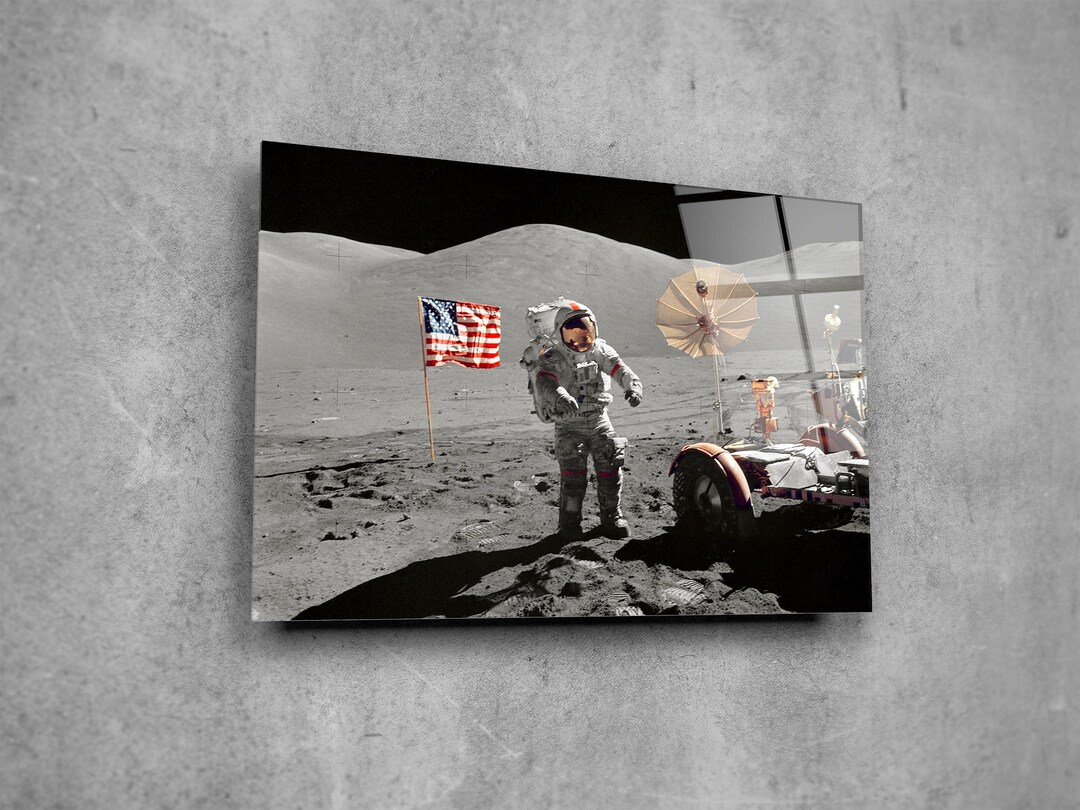 Astronaut Moonwalk Glass Wall Art - Lunar Rover Scene - Apollo 11 Space ...