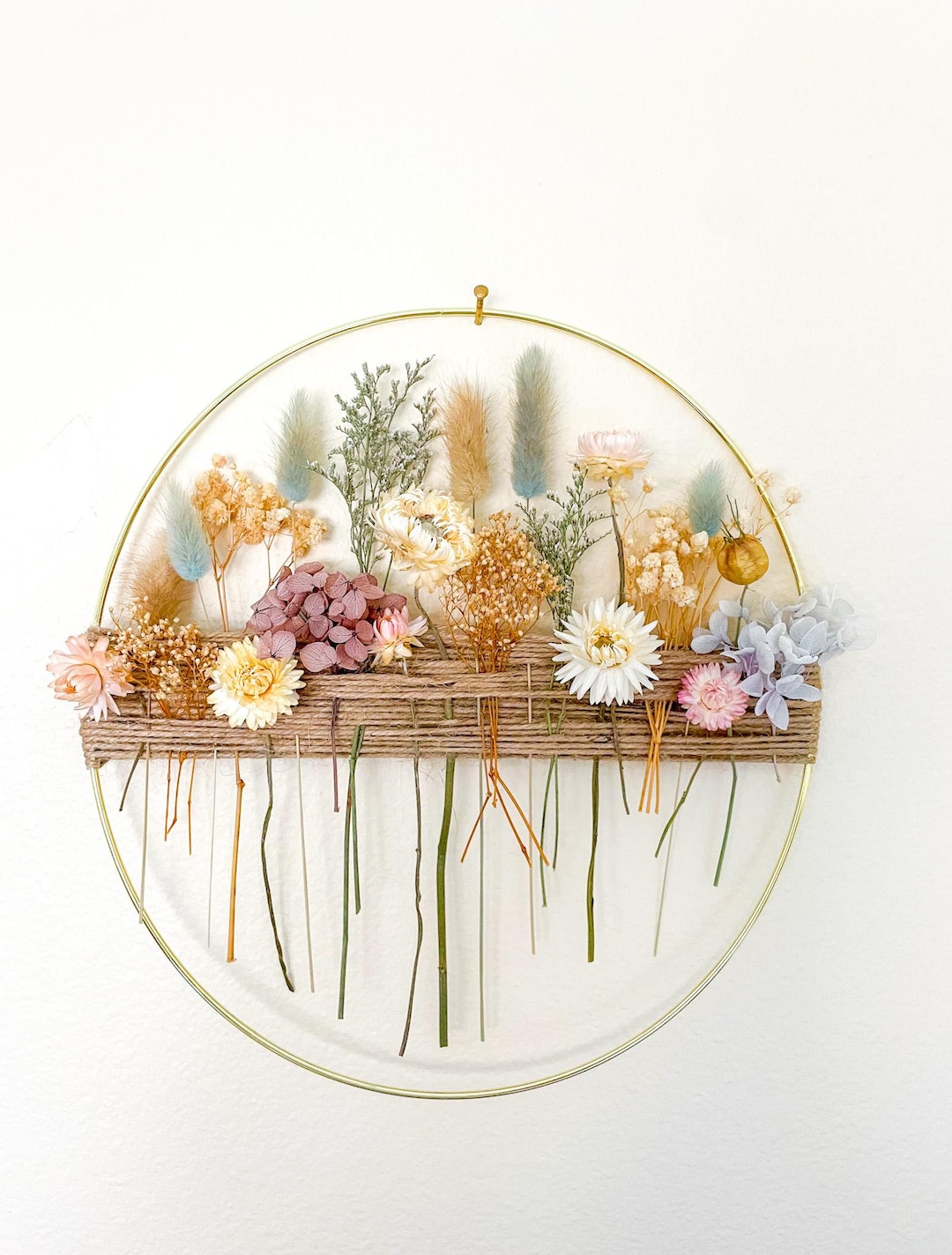 Gold Dried Floral Hoop, Silver Floral Hoop, Boho Floral Wall Hanging ...