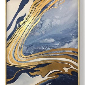 Original Abstract Canvas Wall Art Large Abstract Painting Gold Line ...