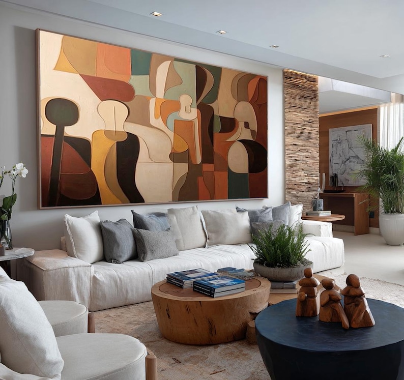 Mid Century Modern Abstract Geometric Painting Earth Tones Textured ...