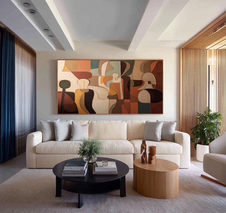 Mid Century Modern Abstract Geometric Painting Earth Tones Textured ...