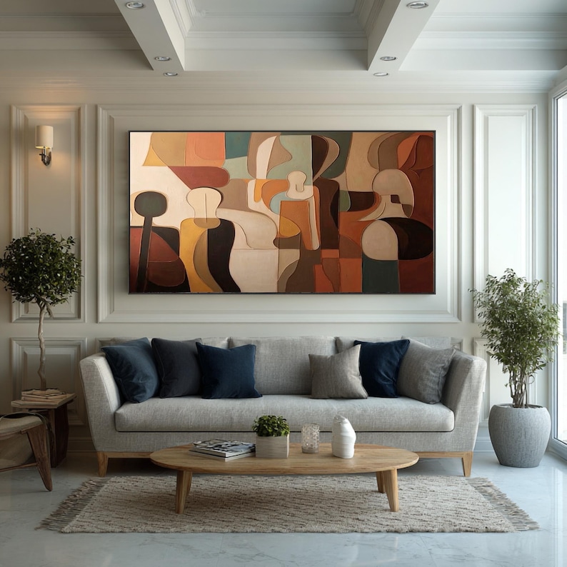 Mid Century Modern Abstract Geometric Painting Earth Tones Textured ...