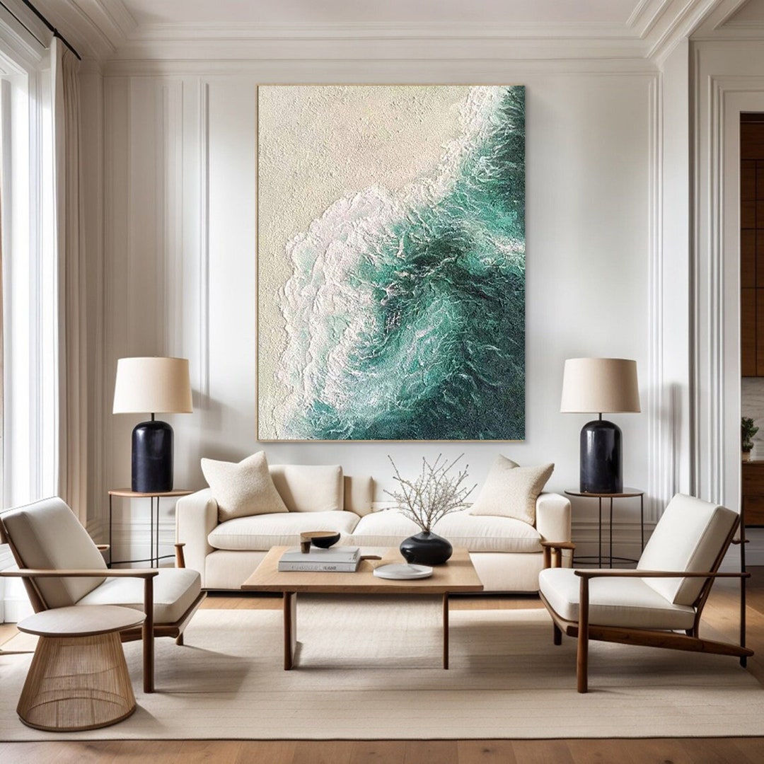 Large Textured Framed Ocean Wall Art Green Coastal Landscape Canvas ...