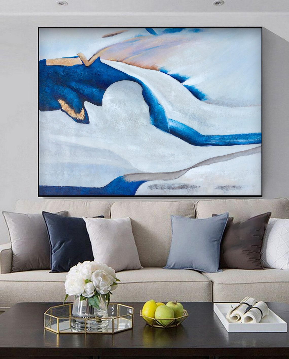 Large Blue Abstract Painting Blue Canvas Art Gold Painting | Etsy