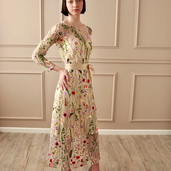 Floral Embroidered Long Dress - Etsy