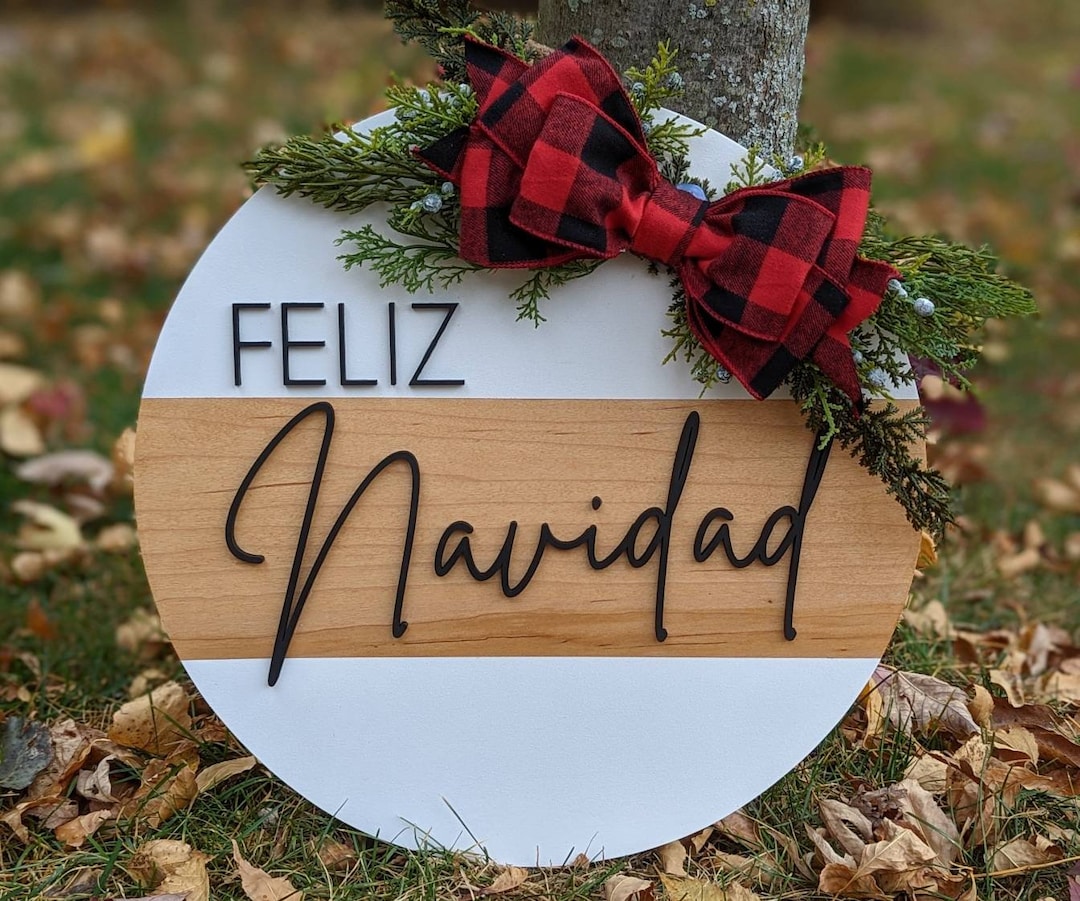 Feliz Navidad Raised Letter Round Wood Door Hanger, Door Decor, Wood ...