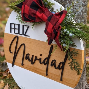 Feliz Navidad Raised Letter Round Wood Door Hanger, Door Decor, Wood ...