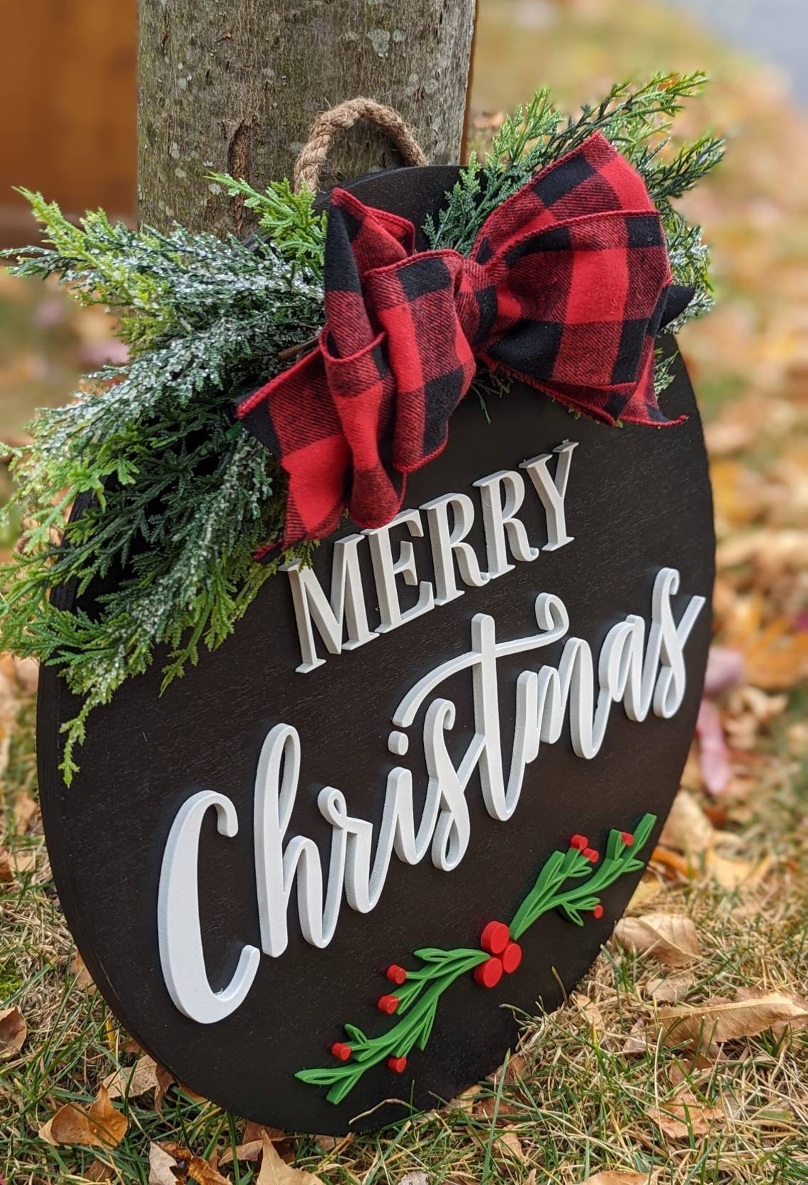 Christmas Round Wood Door Hanger Round Wood Sign Merry - Etsy