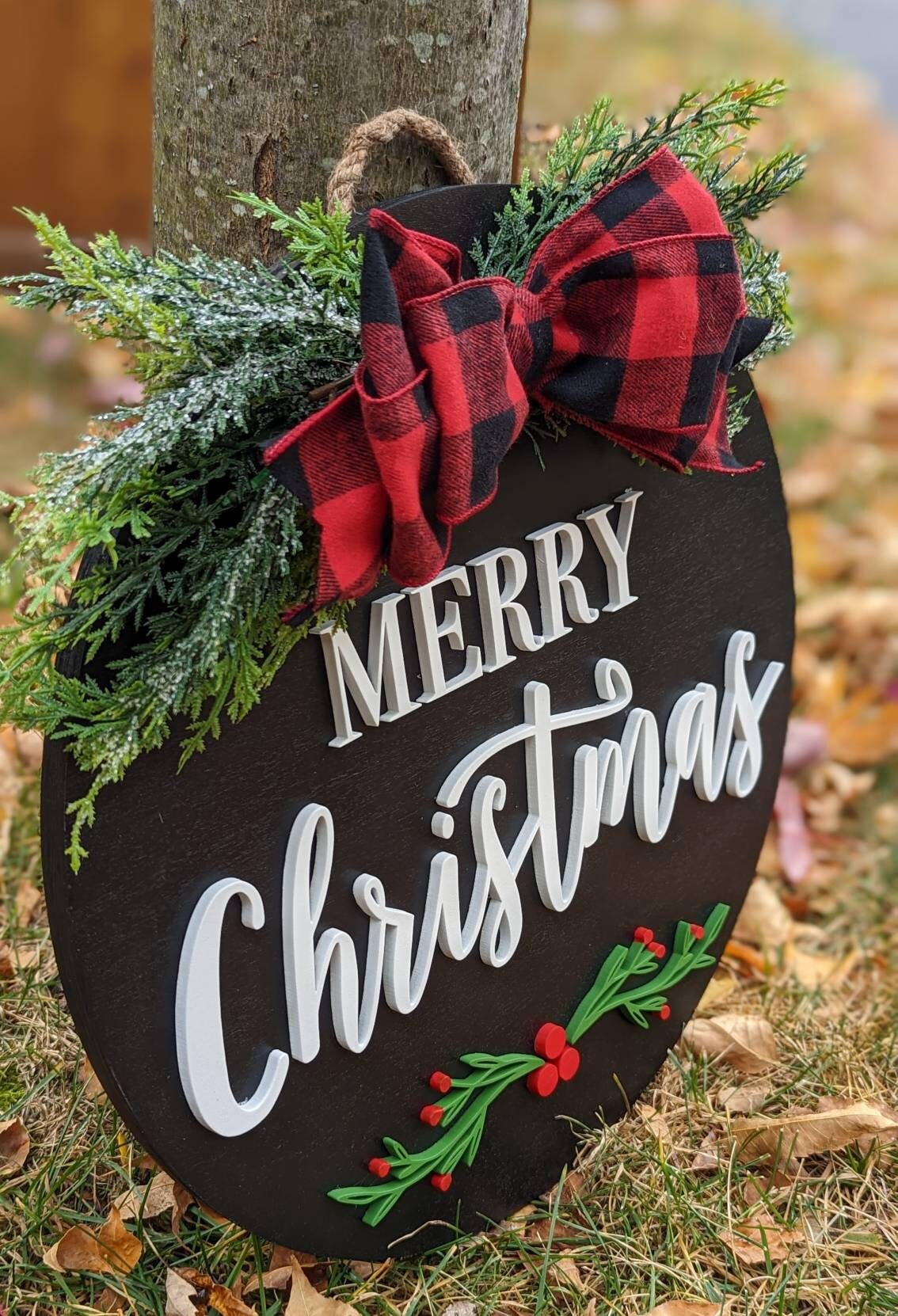 Christmas Round Wood Door Hanger Round Wood Sign Merry - Etsy