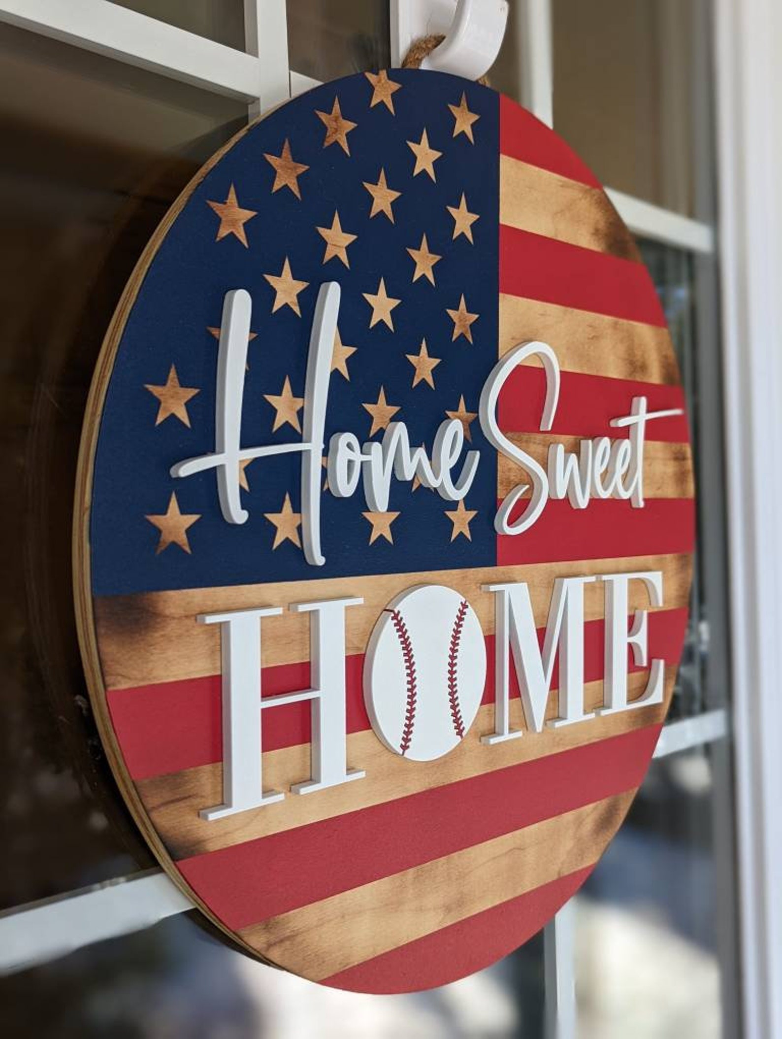 Baseball Patriotic Door Hanger, Home Sweet Home Door Decor, Round Wood ...