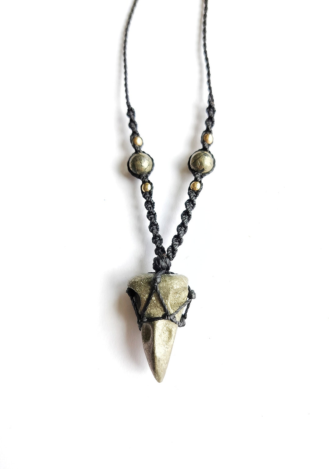 Pyrite Raven Skull Macrame Crystal Necklace With Pyrite Beads - Etsy