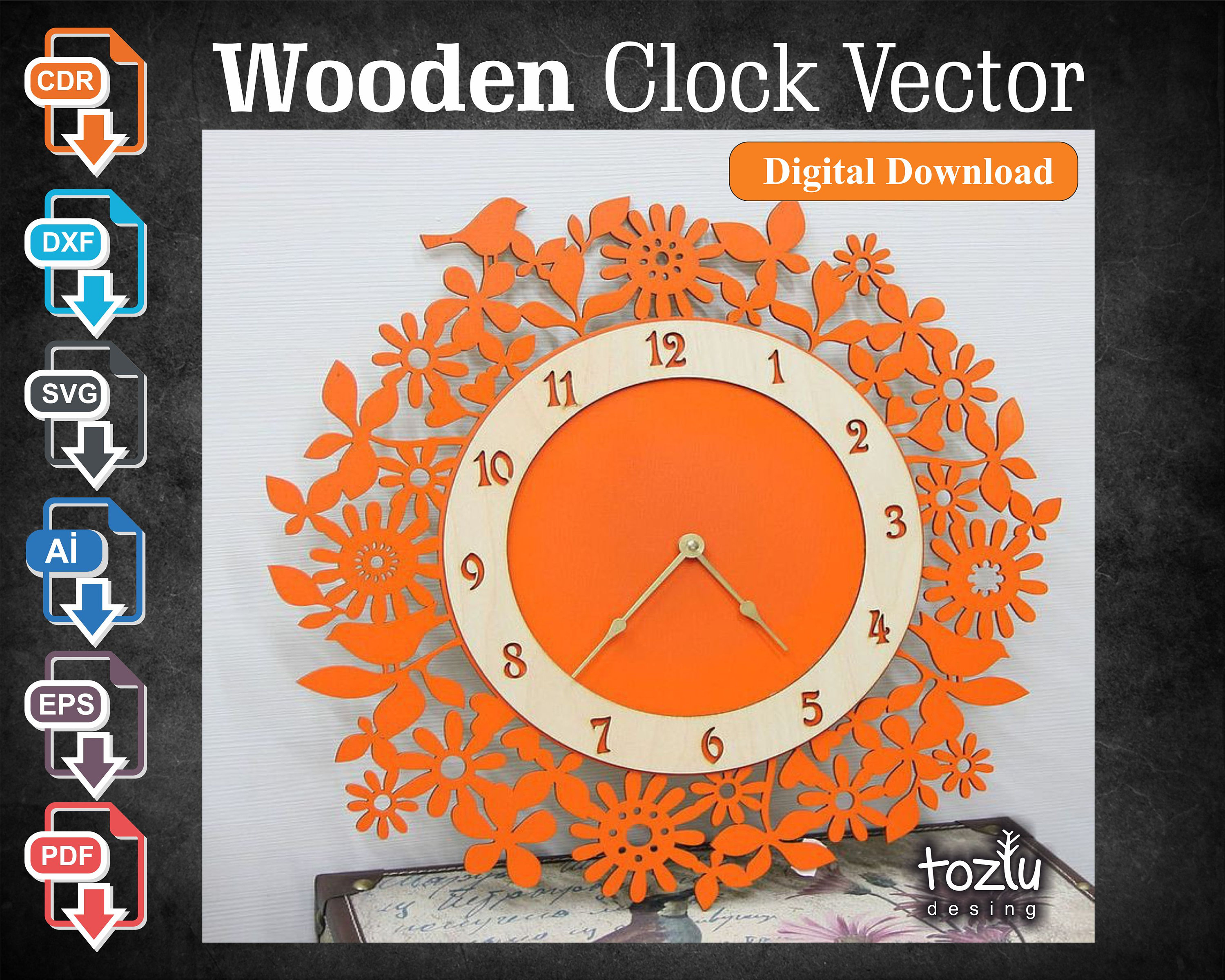 Wooden Wall Clock Vector File - Etsy