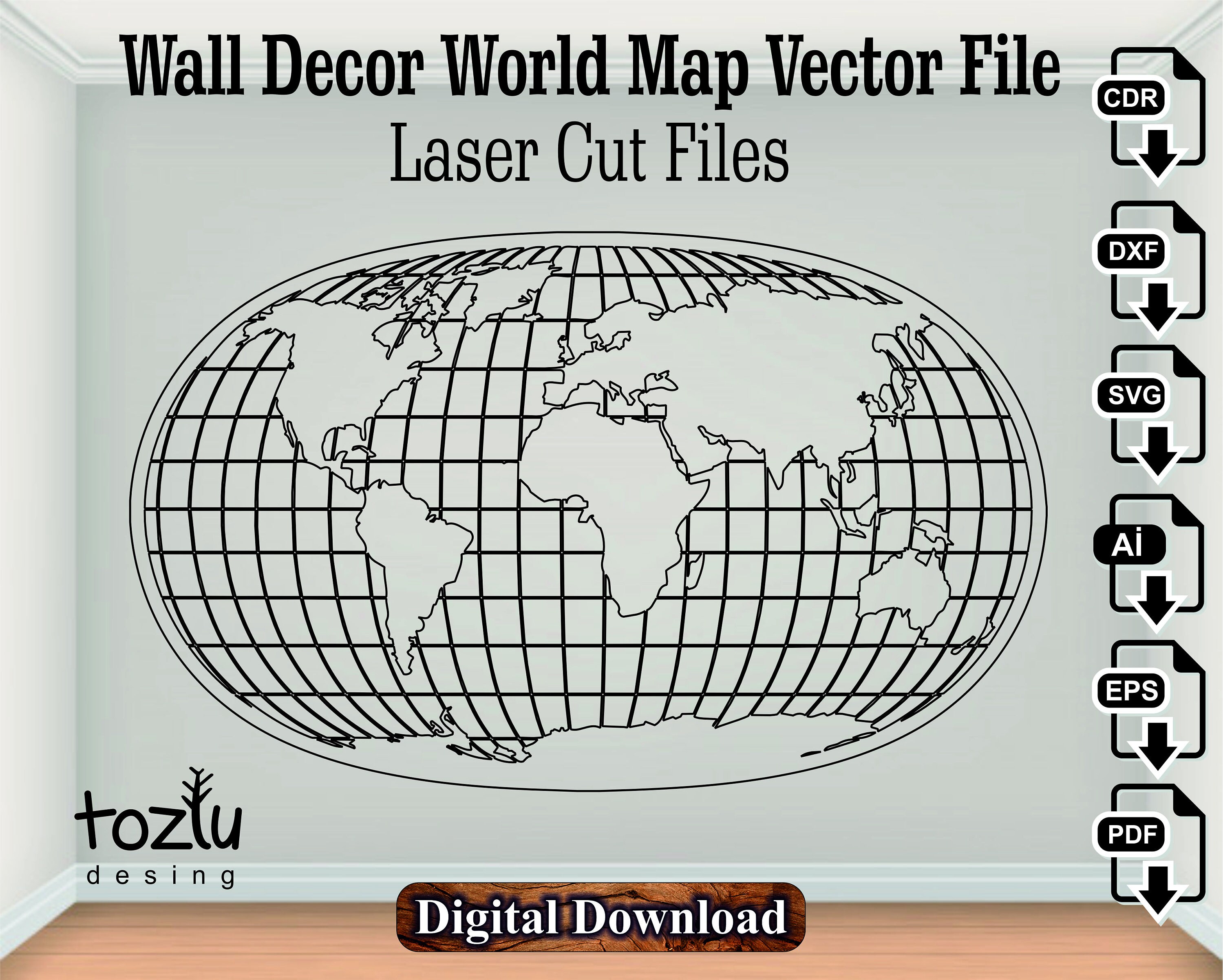 Laser Cut World Map Vector File (svg, Cdr, Dxf, Pdf, Ai, Eps) (digital ...