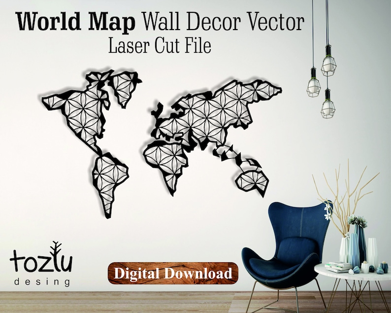 Laser Cut World Map Vector File Wall Decor Wall Art Cdr Dxf | Etsy