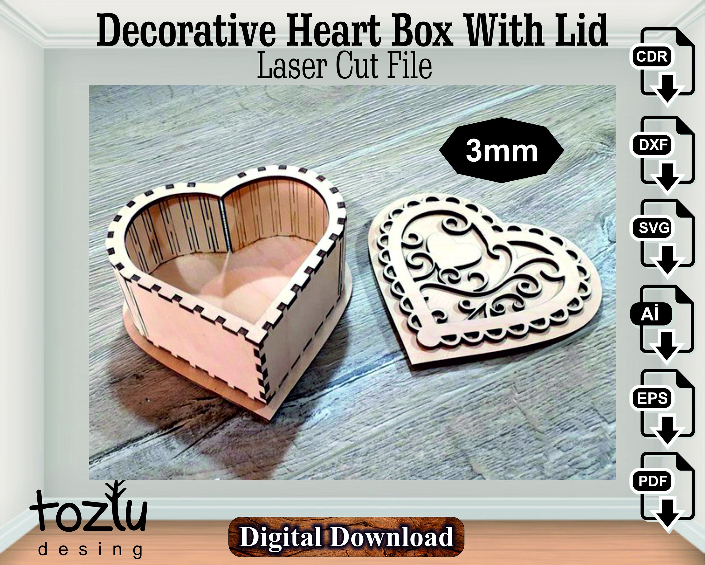 Decorative Heart Box With Lid Laser Cut Vector File Svg Cdr Dxf - Etsy