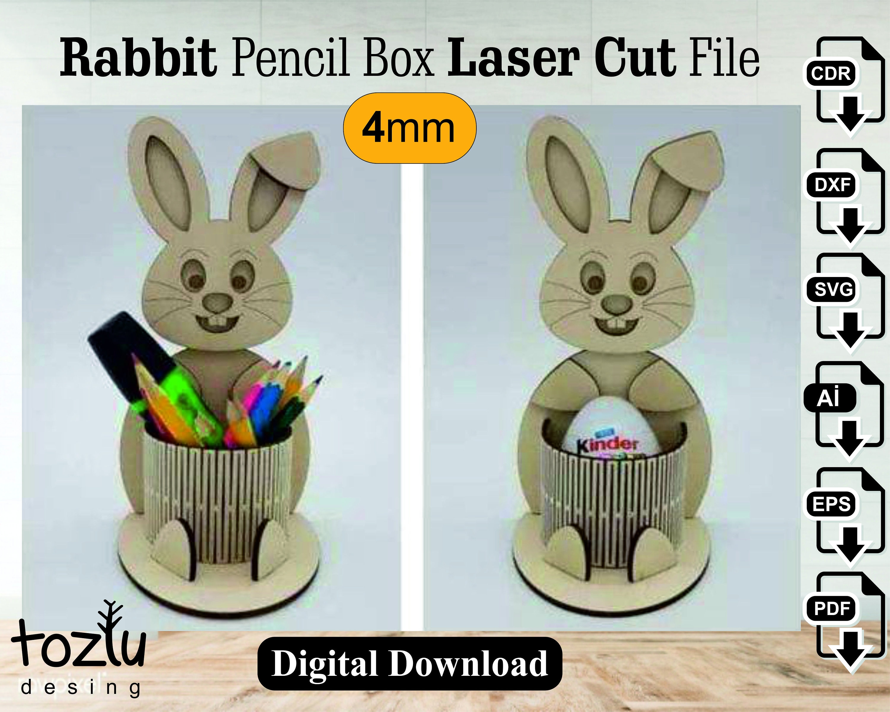 Rabbit Pencil Box Laser Cut Vector File 4mm Svg Cdr Dxf - Etsy