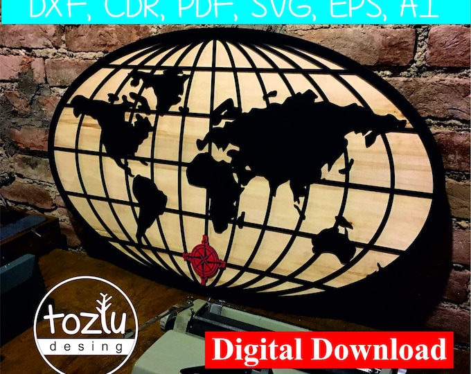 Laser Cut World Map Vector File (svg, Cdr, Dxf, Pdf, Ai, Eps) (digital ...