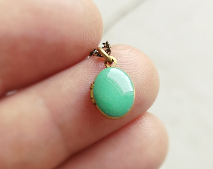 Tiny VINTAGE Brass Light Turquoise Locket Necklace, Small Aqua Photo ...