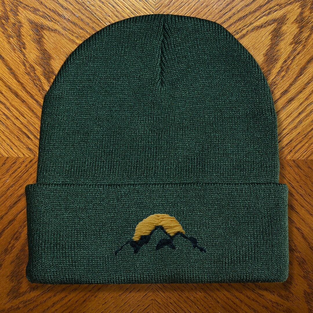 Handmade Embroidered Beanie Hat: Mountain & Sun Design - Etsy