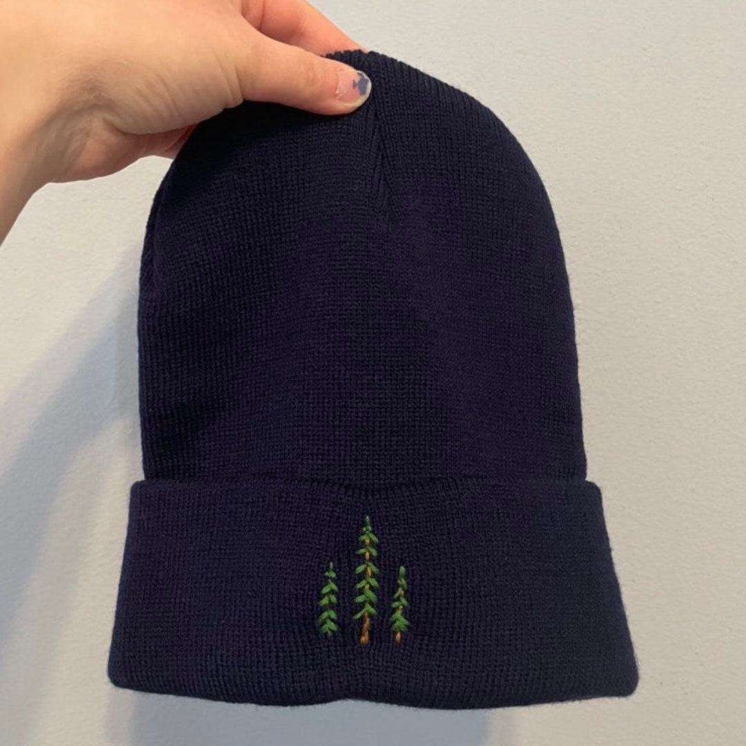 Evergreen Trees With Minimal Design on Hand Embroidered Beanie Hat ...
