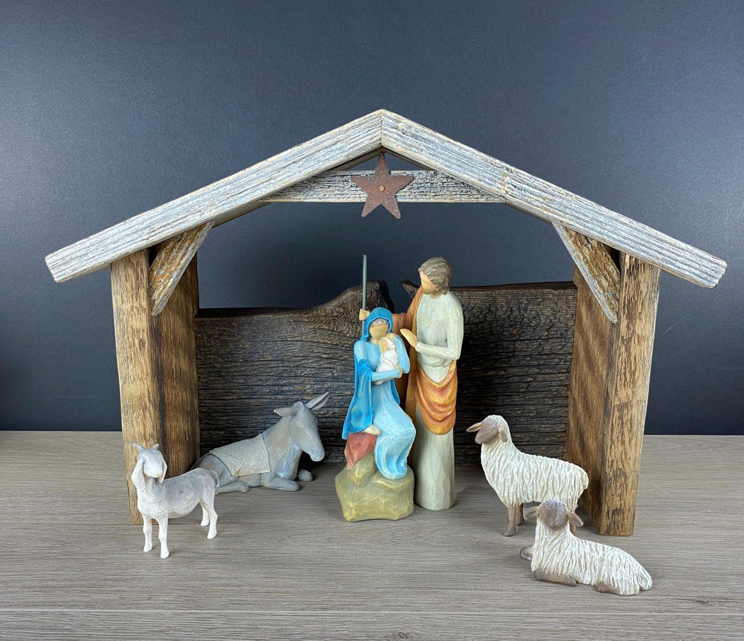 Design E05 Medium Cedar Barn Wood Nativity Rustic Shed Stable Creche Willow Tree Holy Family ...