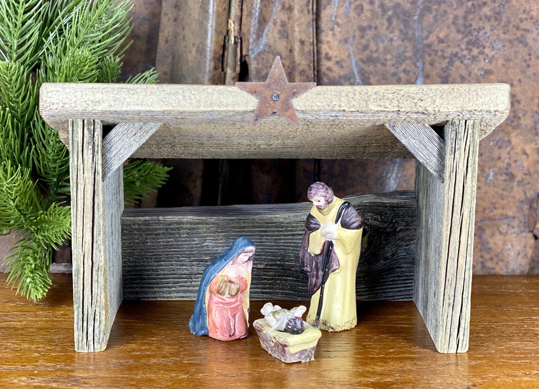 B56 Small Barn Wood Nativity Rustic Shed Stable Creche Small Figurines ...