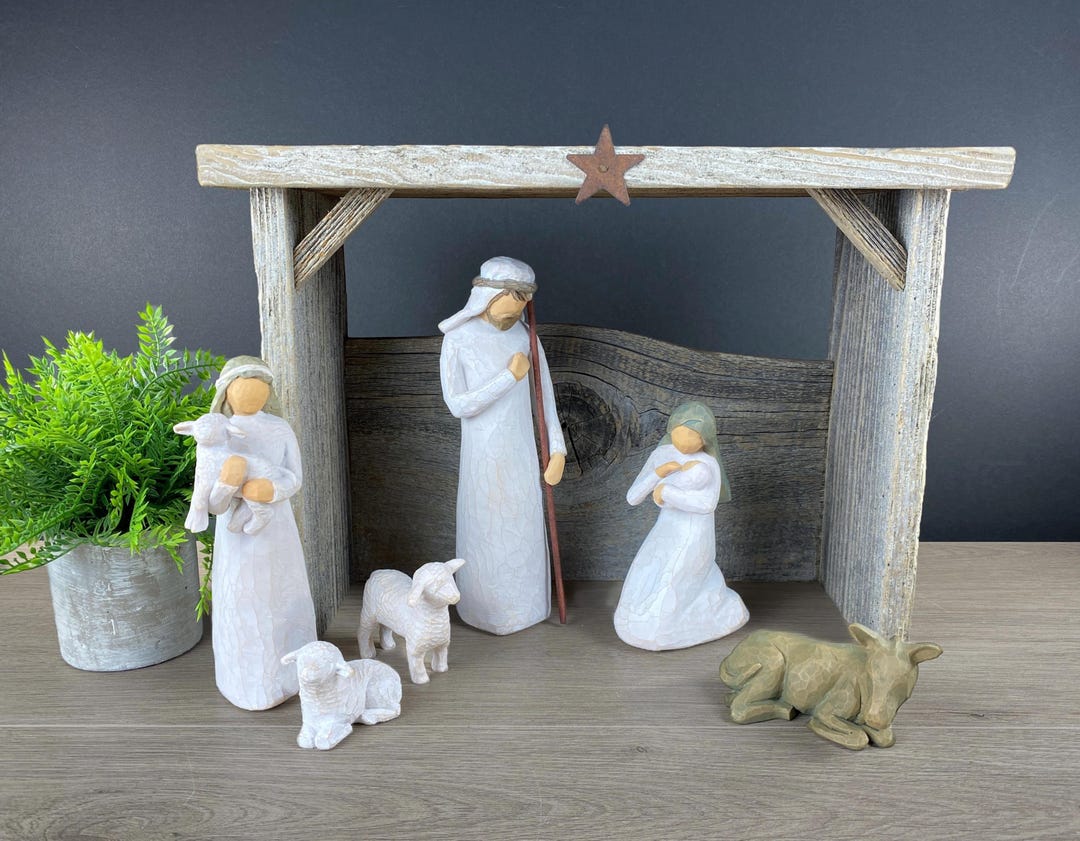 Design D08 FLAT ROOF Barn Wood Cedar Large Nativity Rustic Shed Stable Creche Willow Tree Holy ...