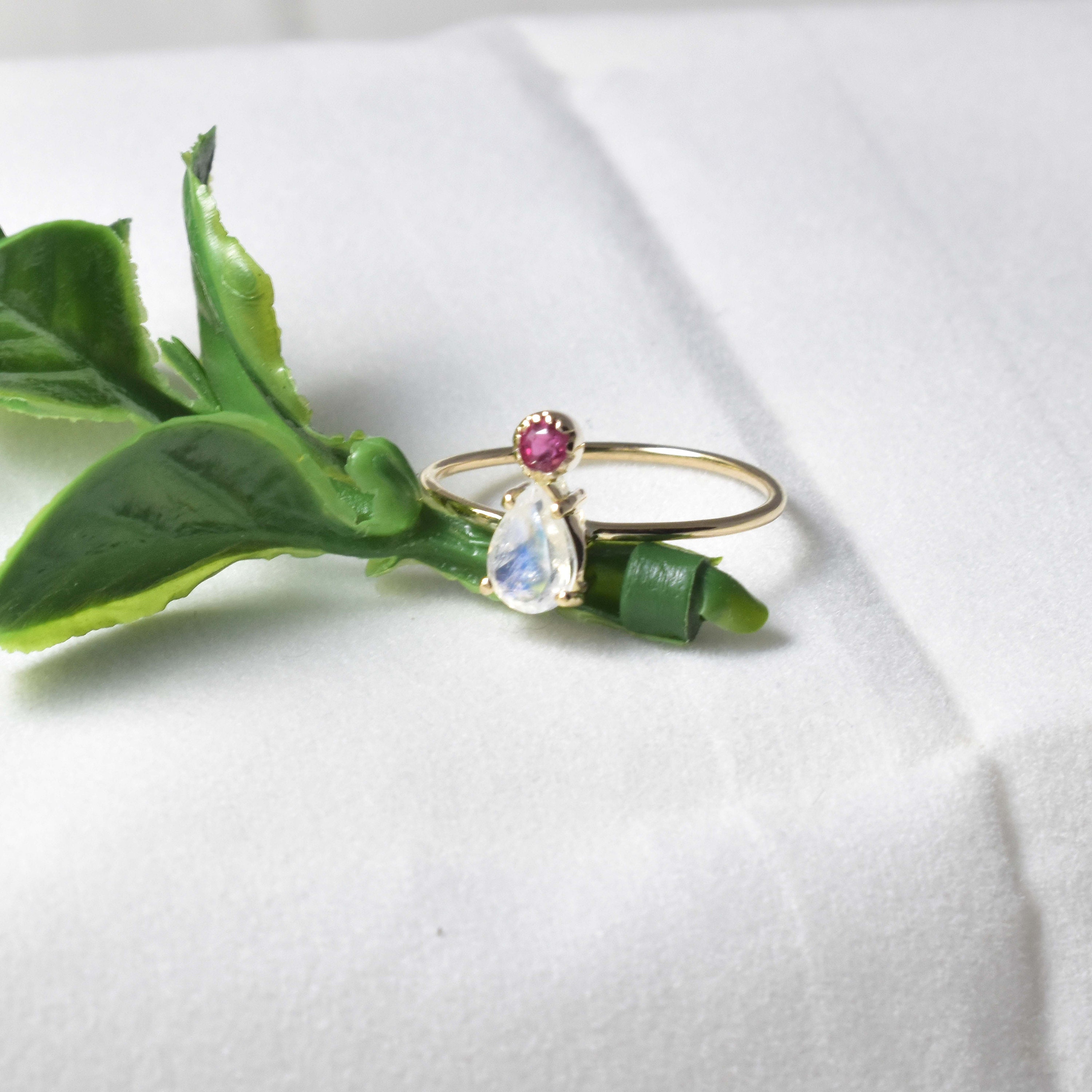 10K/14K GOLD Ring 6x4 Moonstone Pear and 2.5mm Round Garnet. Valentine ...