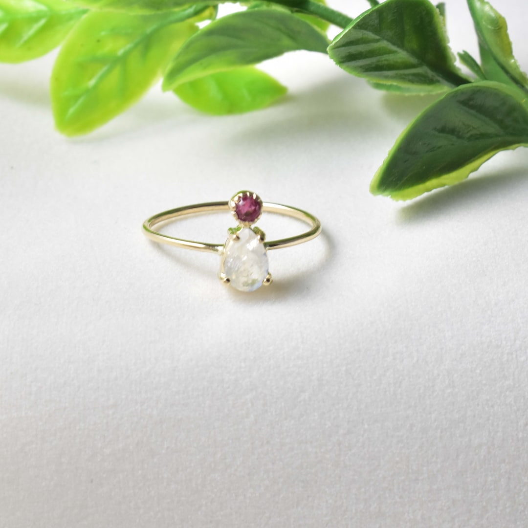 10K/14K GOLD Ring 6x4 Moonstone Pear and 2.5mm Round Garnet. Valentine ...
