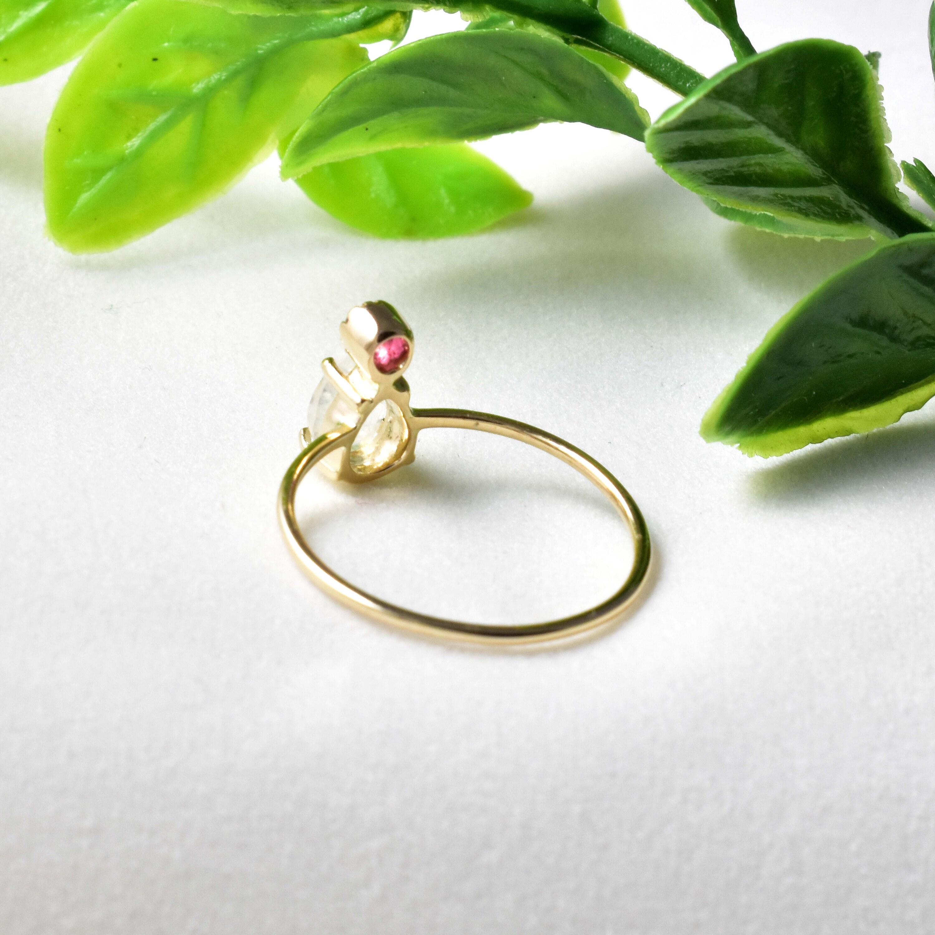 10K/14K GOLD Ring 6x4 Moonstone Pear and 2.5mm Round Garnet. Valentine ...